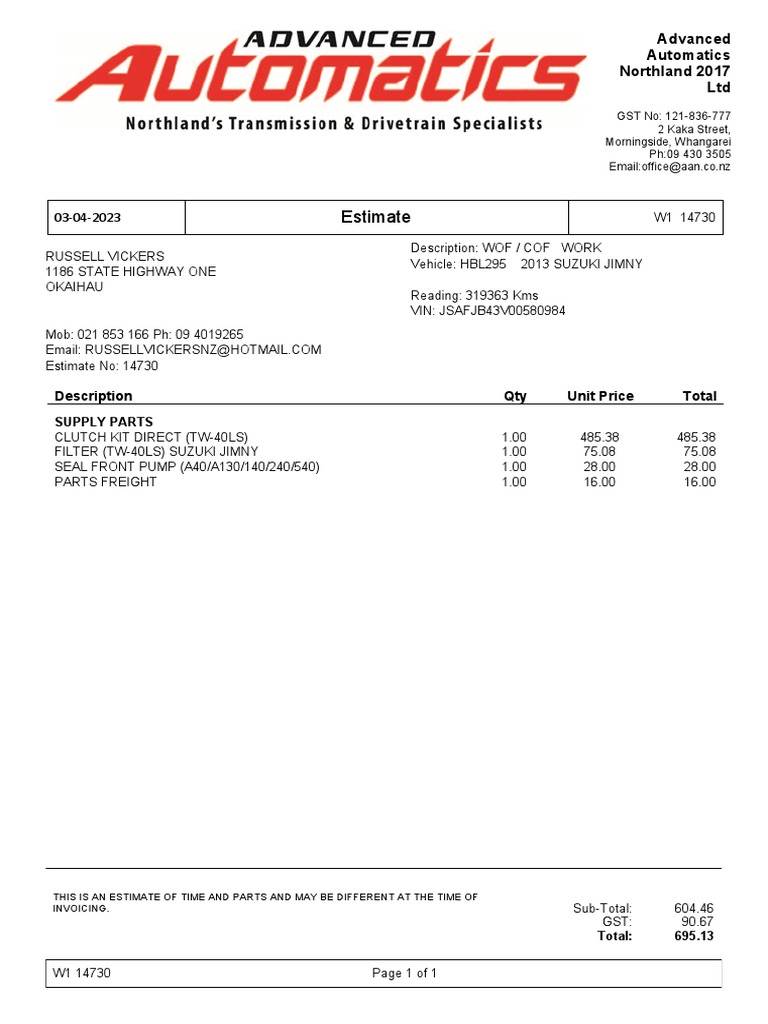 Estimate: Description Qty Unit Price Total | PDF