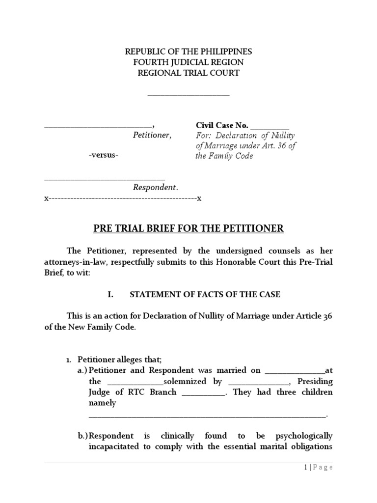 Annulment Pre Trial Brief | PDF | Marriage | Public Law