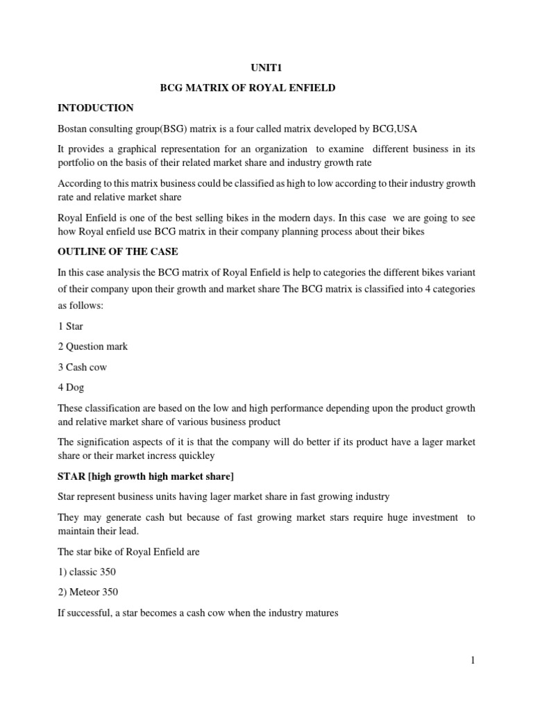 Unit1 BCG Matrix of Royal Enfield Intoduction | PDF | Swot Analysis | Motorcycle