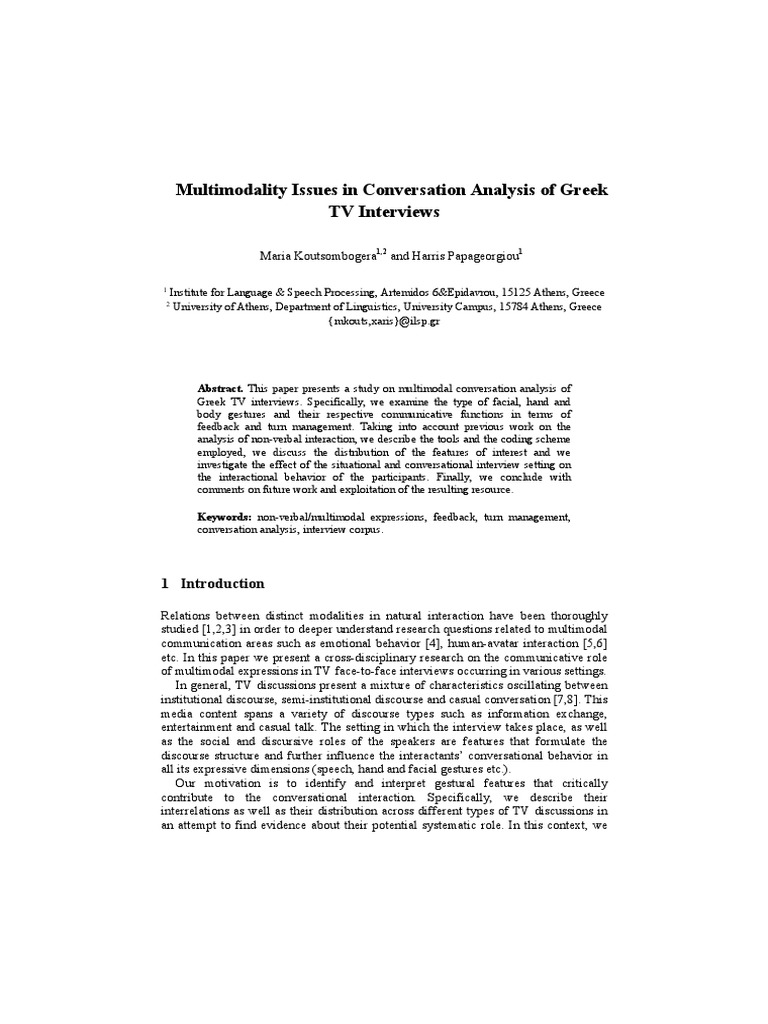 Multimodality Issues in Conversation Analysis of Greek TV Interviews | PDF | Nonverbal ...