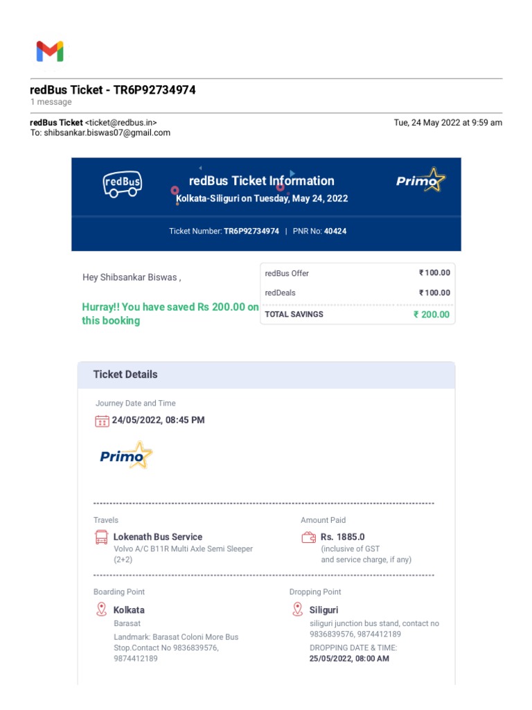 Redbus Ticket Information | PDF | Transport | Service Industries