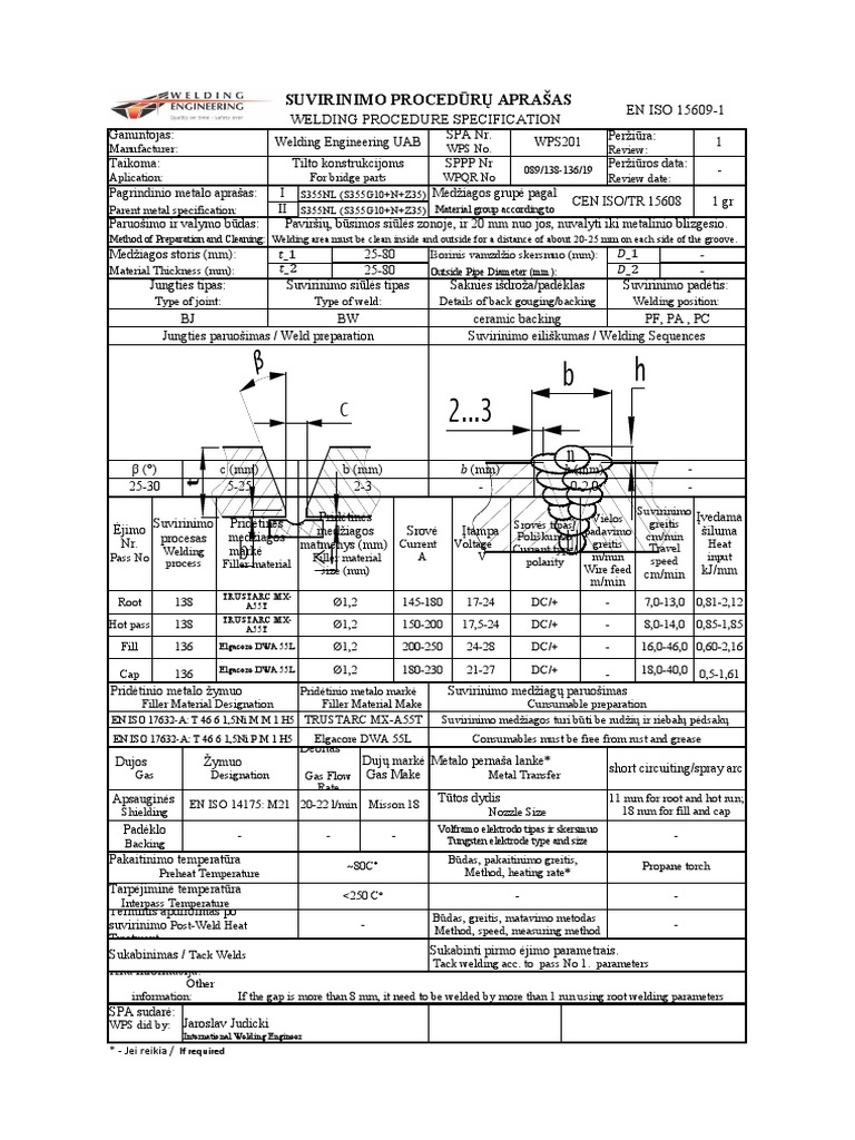 Suvirinimo Procedūrų Aprašas: EN ISO 15609-1 Welding Procedure Specification | PDF
