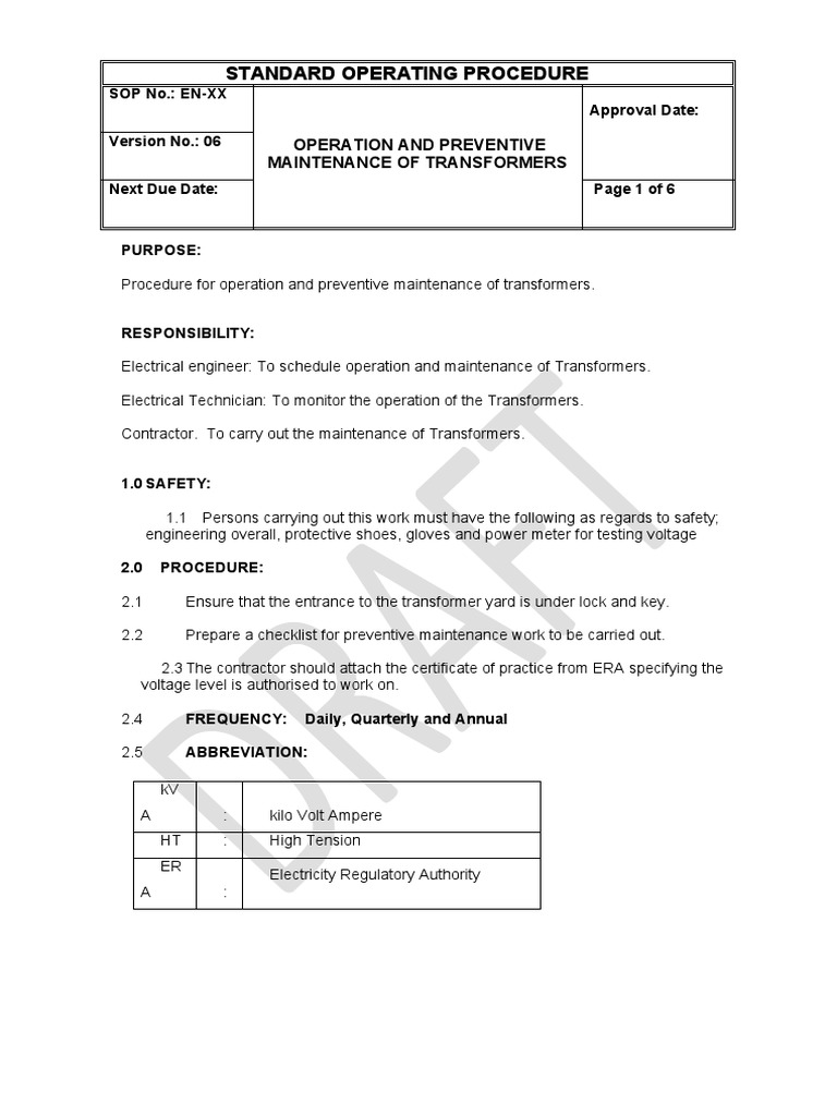 Standard Operating Procedure: Operation and Preventive Maintenance of Transformers | PDF ...