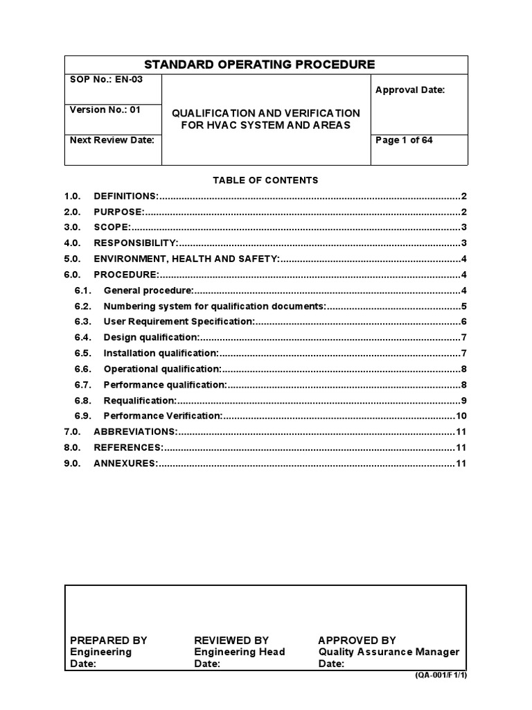 Standard Operating Procedure: Qualification and Verification For Hvac ...