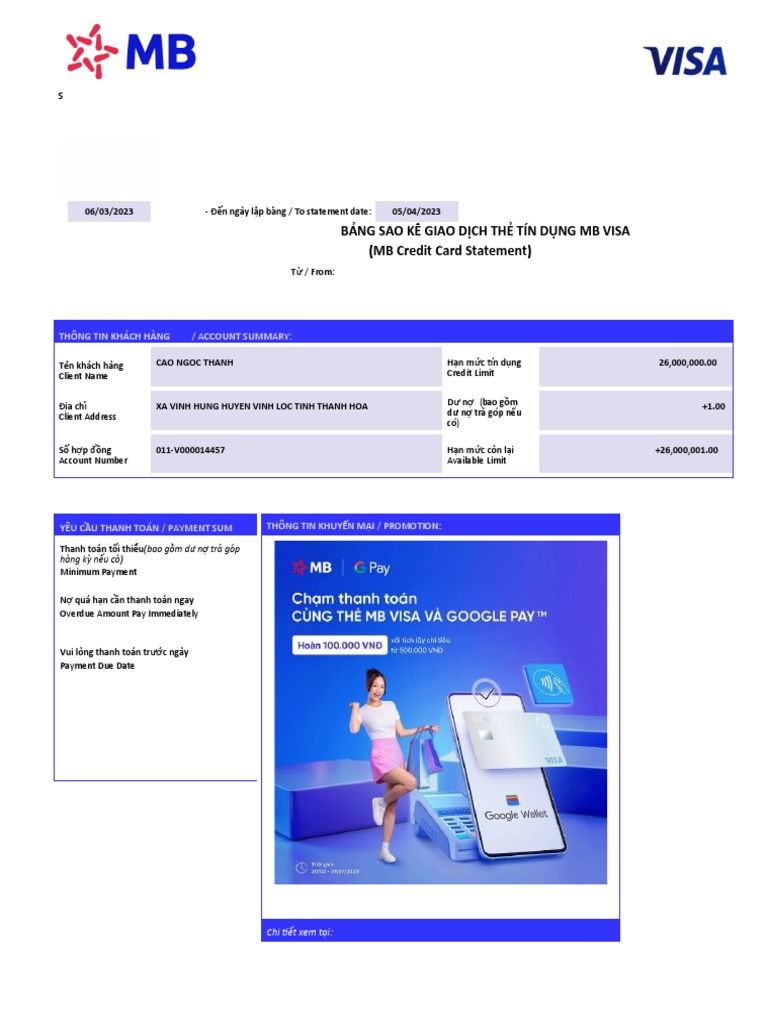 Bảng Sao Kê Giao Dịch Thẻ Tín Dụng Mb Visa (MB Credit Card Statement) | PDF