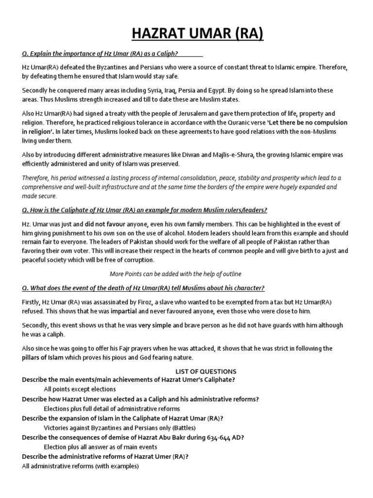 Hazrat Umar 4 Mark Question Caliphs | PDF | Umar | Caliphate
