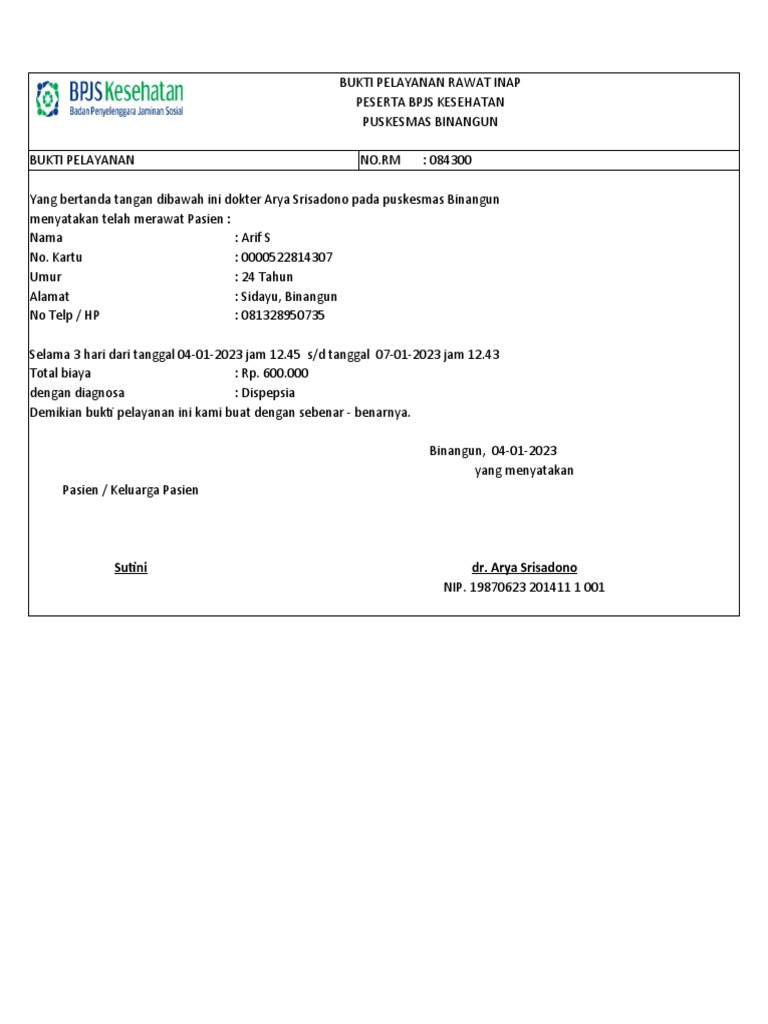 Bukti Layanan Rawat Inap BPJS | PDF