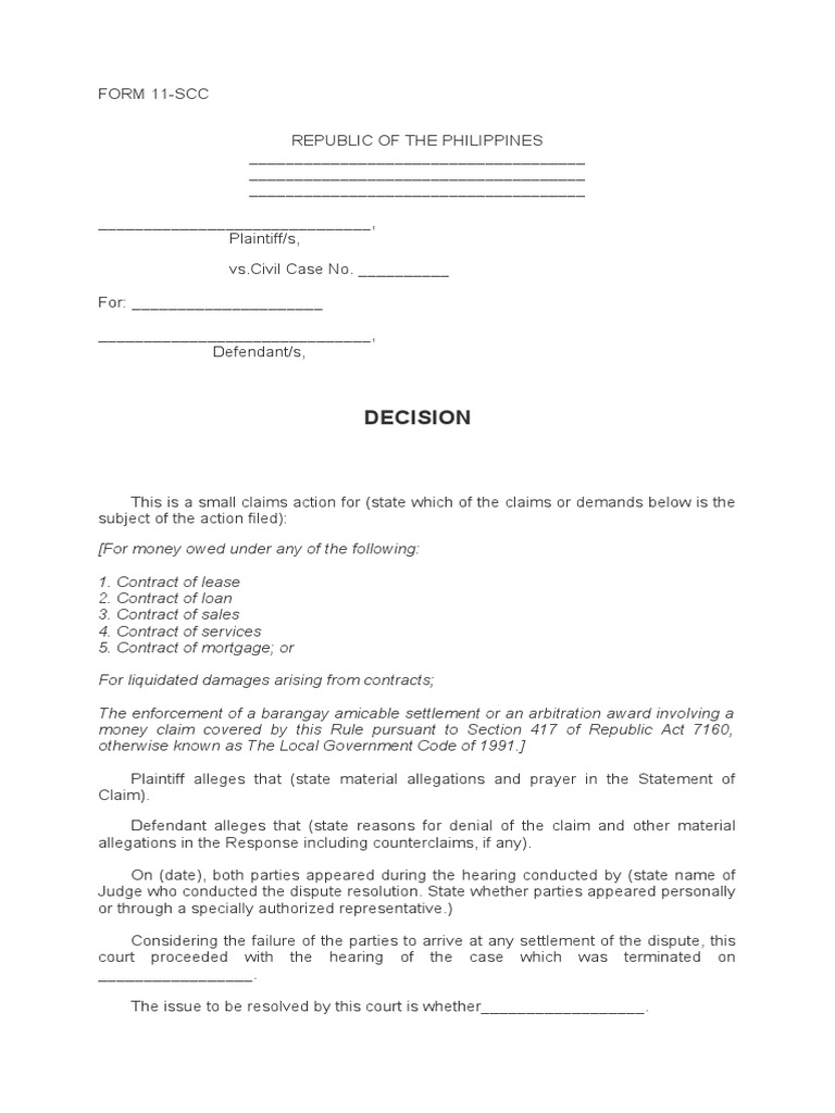 Form 11-SCC Small Claims Decision Format | PDF | Judiciaries | Public Law