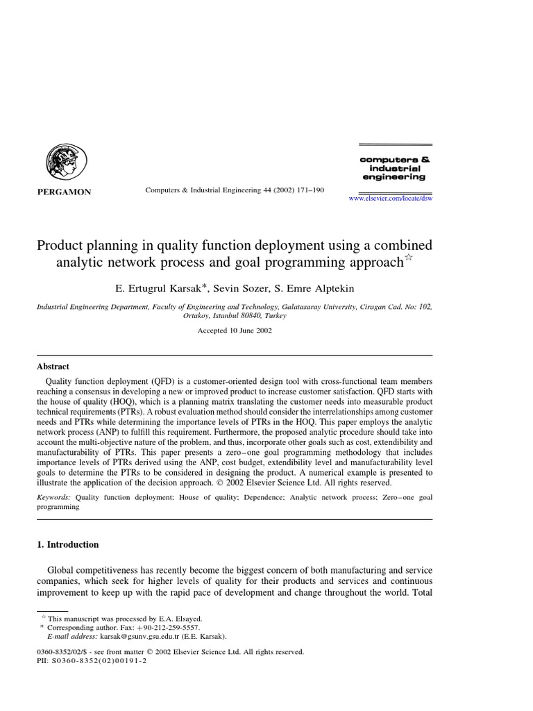 Product Planning in Quality Function Deployment Using A Combined ... Product Planning in Quality Function Deployment Using A Combined ...
