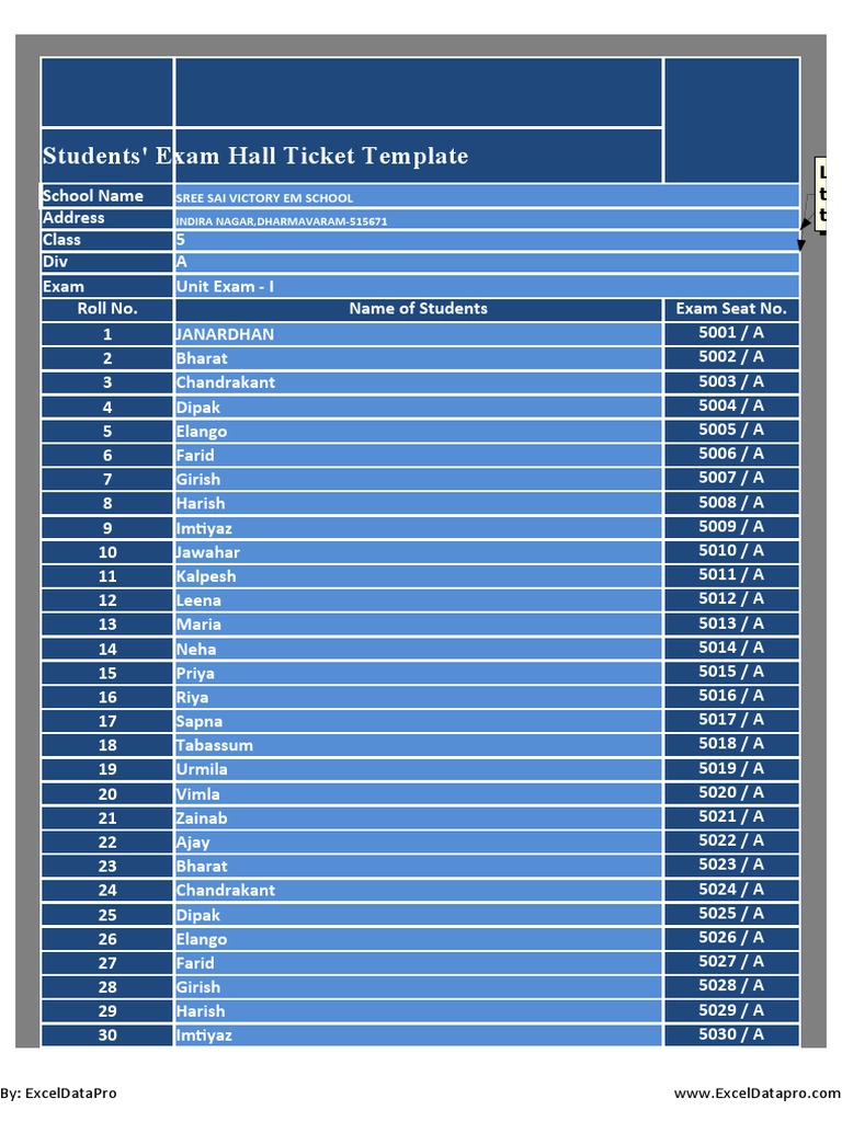 Hall Ticket Template for Unit Exam I | PDF
