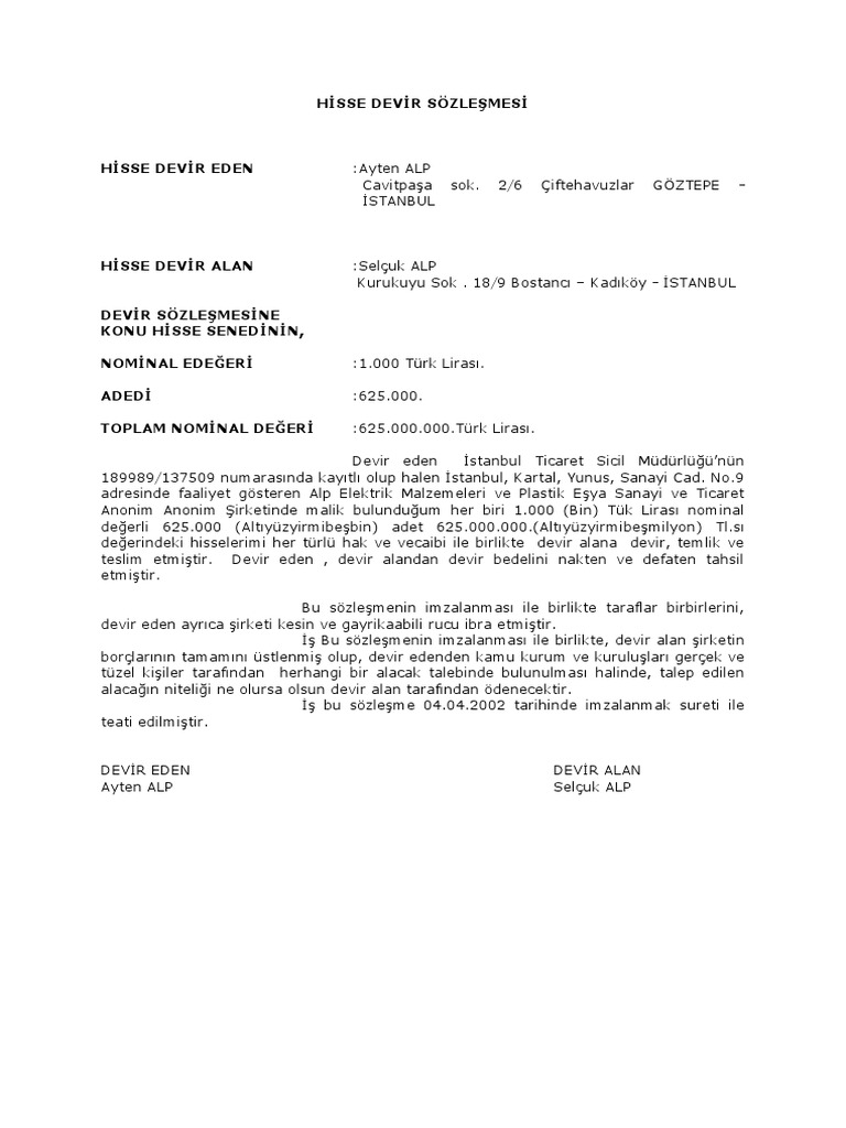 Hi̇sse Devi̇r Sözleşmesi̇ | PDF