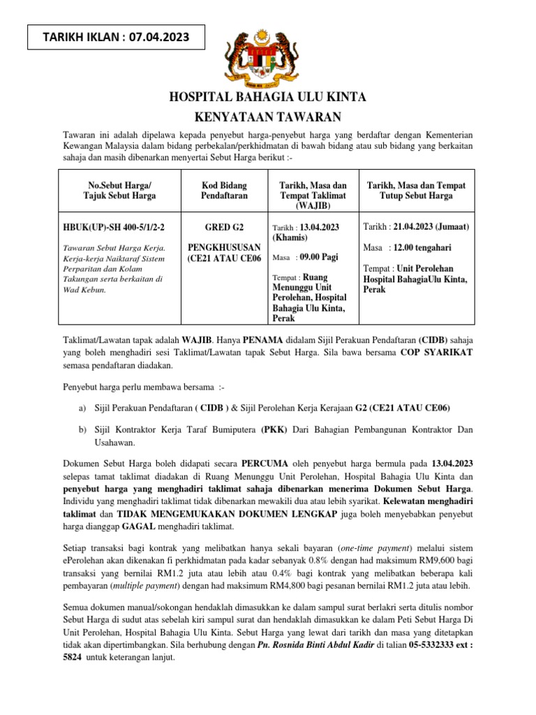 IKLAN - Kerja-Kerja Naiktaraf Sistem Perparitan Dan Kolan Takungan PDF ...