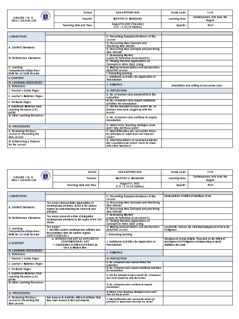Daily Lesson Log: Contemporary Arts 11-12 | PDF | Learning | Teachers