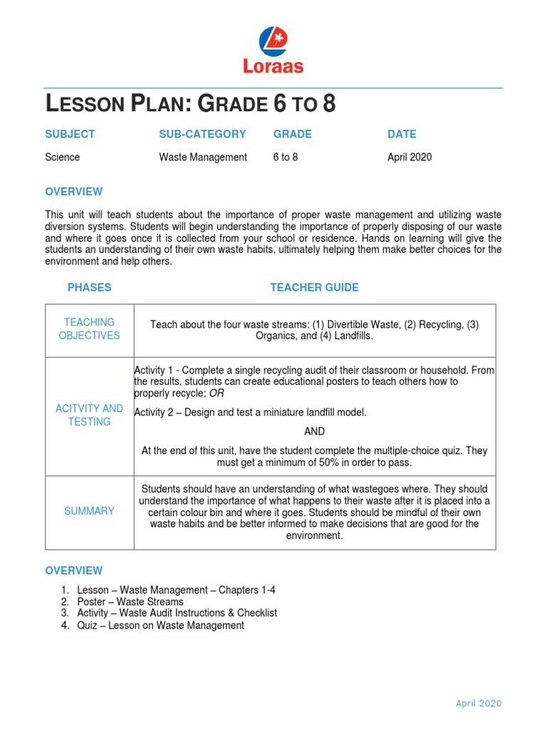 Grade 6 Waste Management Lesson Plan | PDF