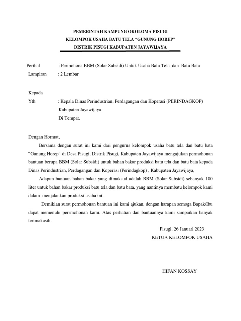 Proposal Bantuan BBM Solar Subsidi Ke Dinas Perindagkop | PDF | Sains & Matematika