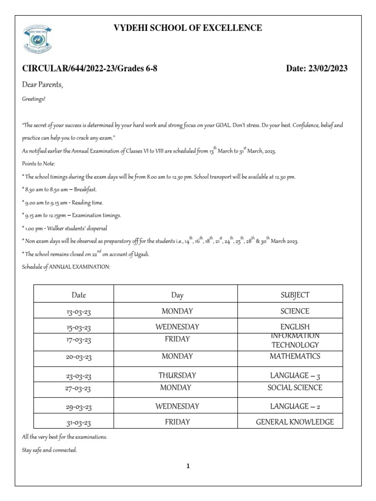 Middle School Annual Examination Circular, 2022-23 | PDF | Cognition ...