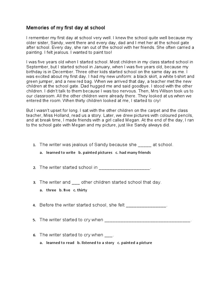 Memories of My First Day at School | PDF | Language Arts & Discipline ...
