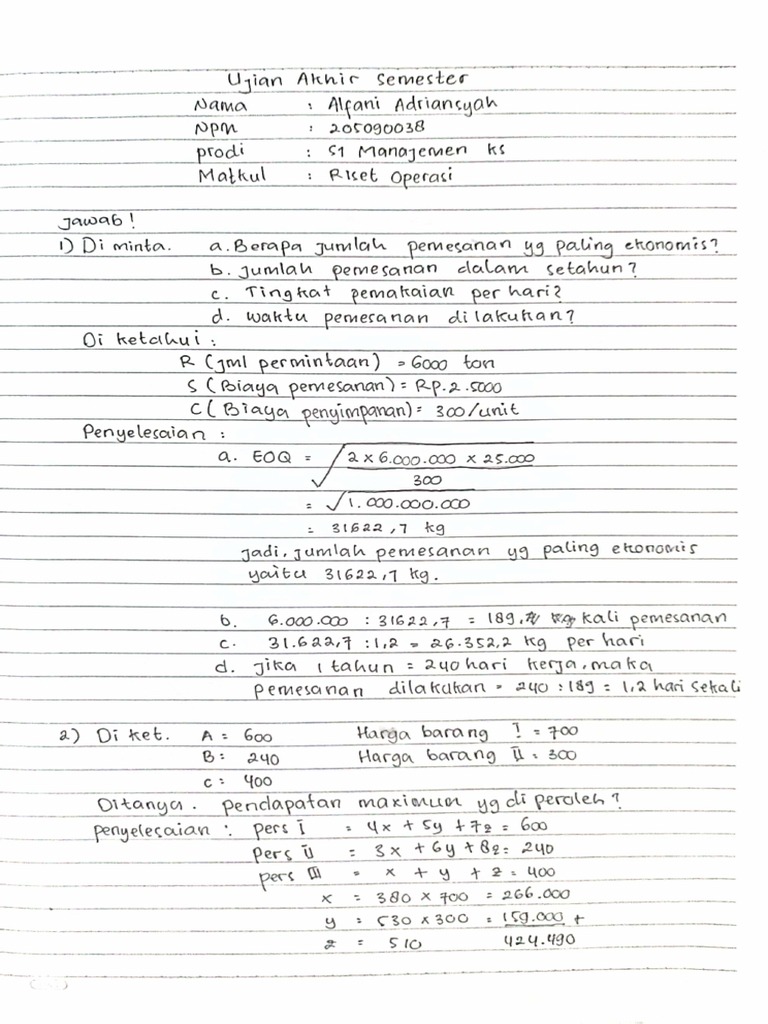 Uas - Riset Operasi - Alfani Adriansyah - 205090038 | PDF
