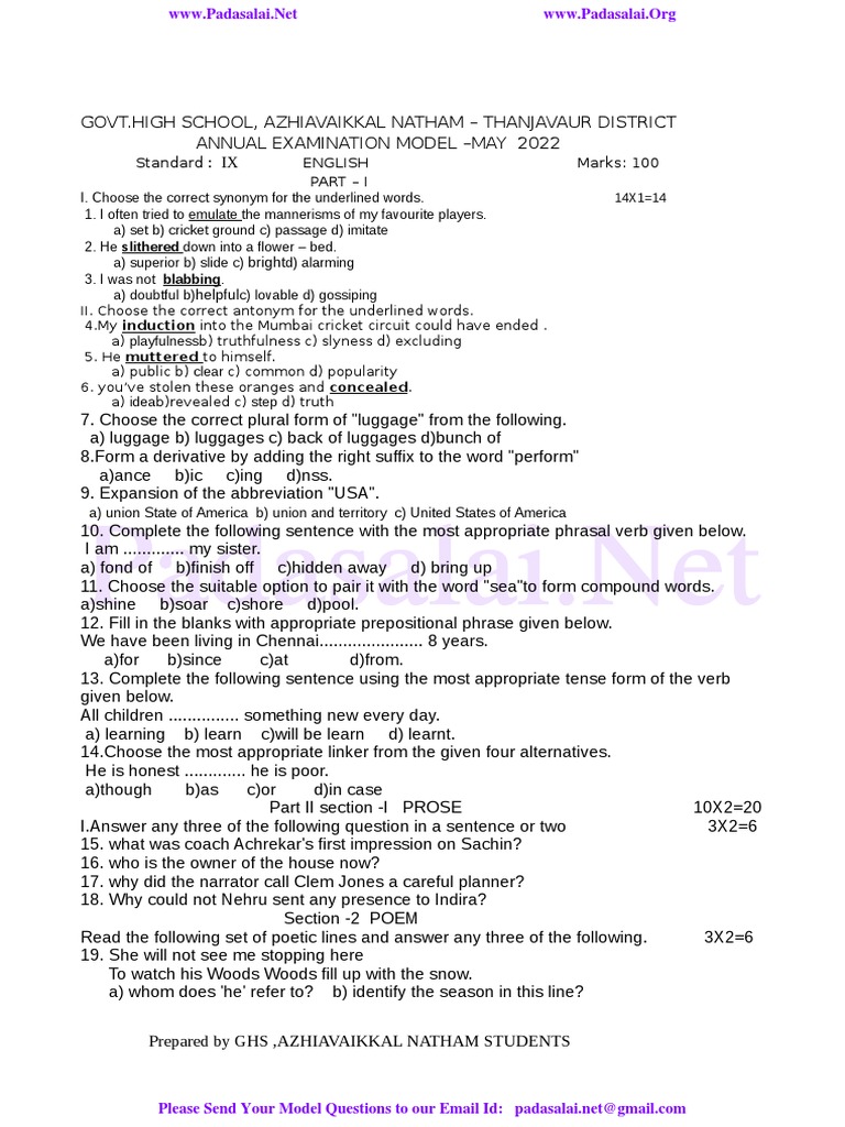 9th English - Annual Exam 2020 - Model Question Paper - English Medium ...