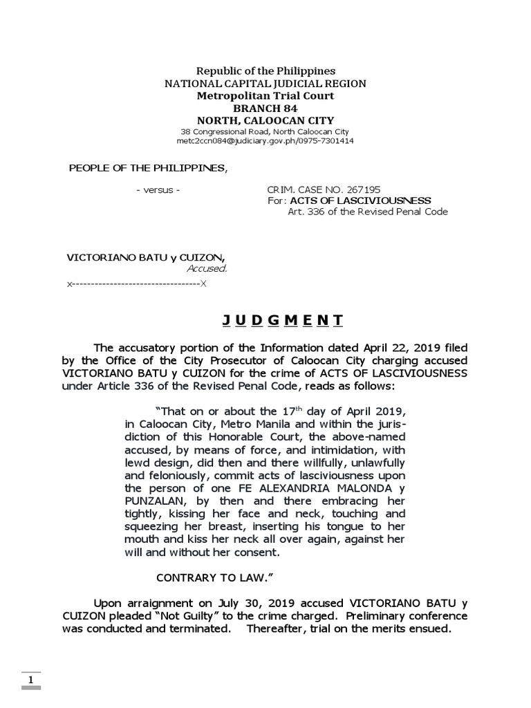 Judgment on Acts of Lasciviousness Case | PDF | Burden Of Proof (Law) | Prosecutor