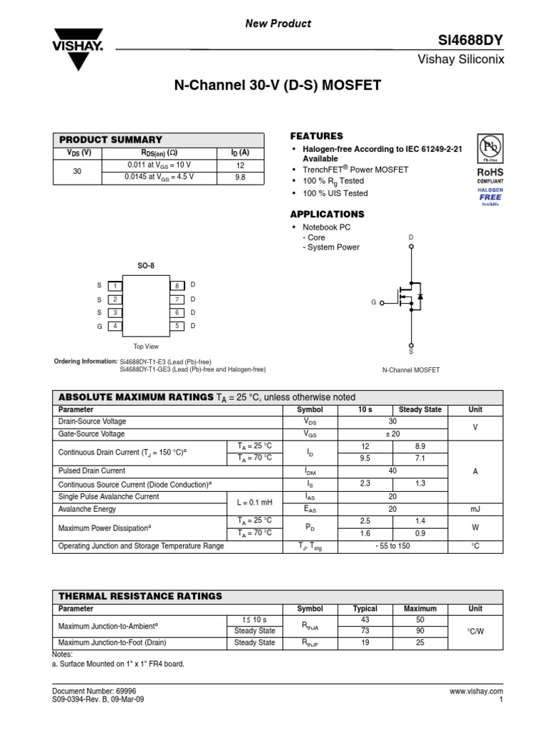 Si4688 4688 Mosfet | PDF | Field Effect Transistor | Mosfet