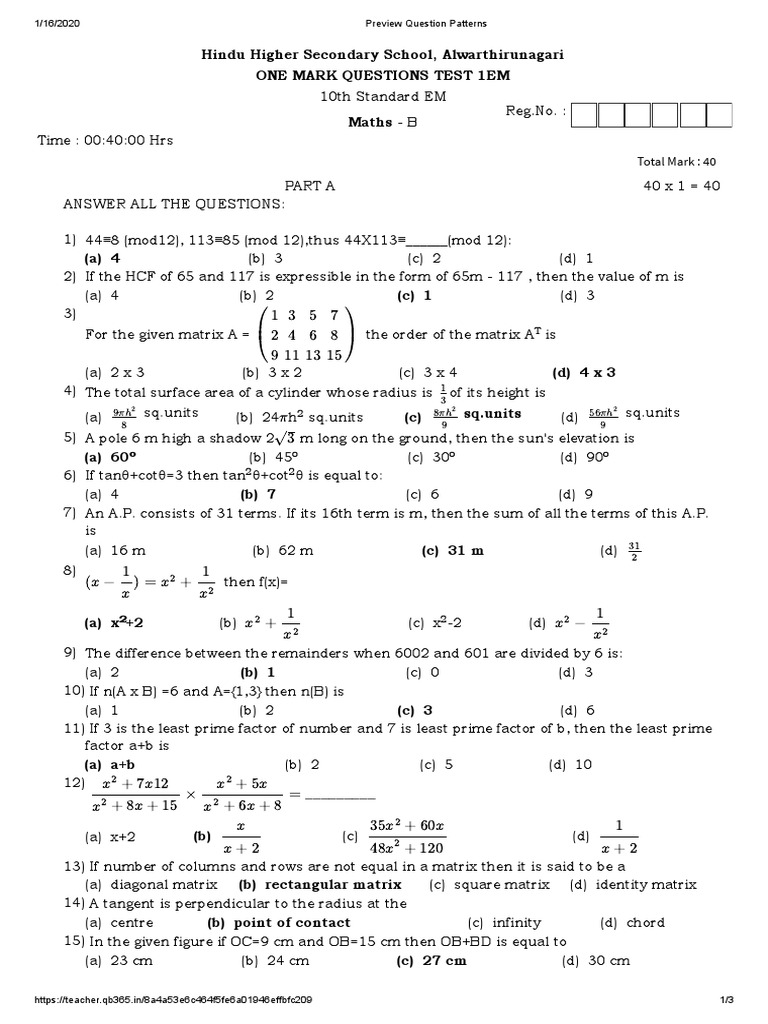 One Mark Test Type B Key 1 To 8 | PDF | Circle | Triangle