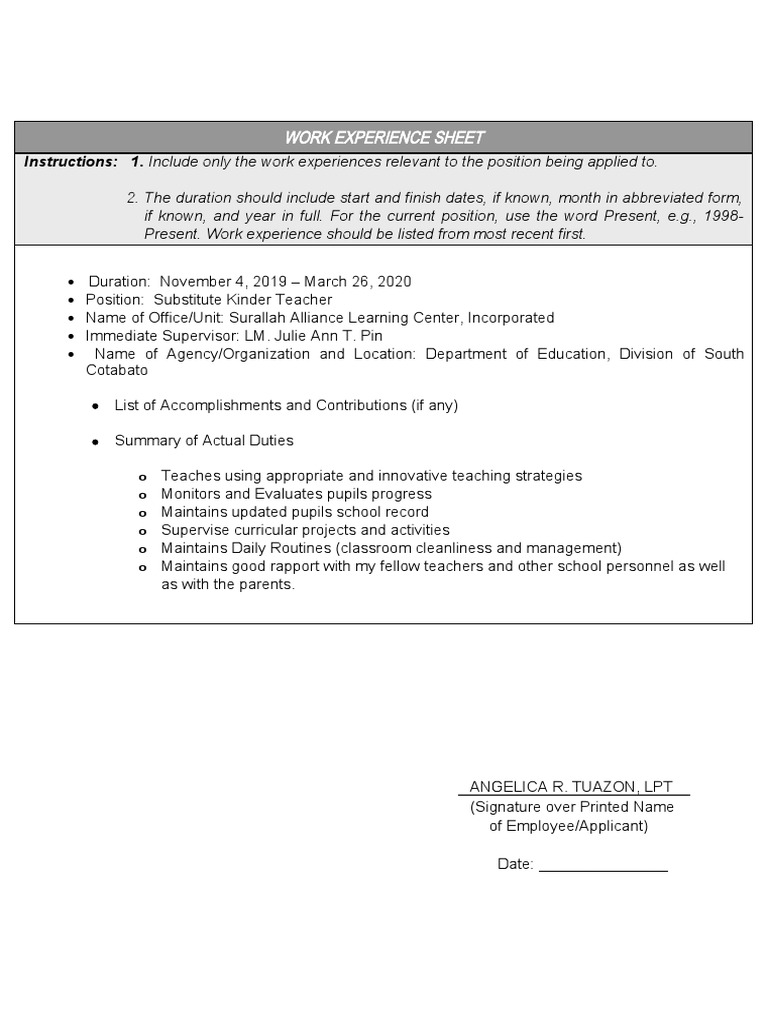 Teacher Work Experience Sheet Sample | PDF | Career & Growth | Wellness