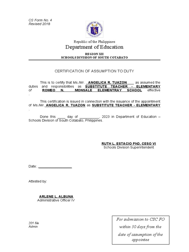 Certification of Assumption To Duty | PDF