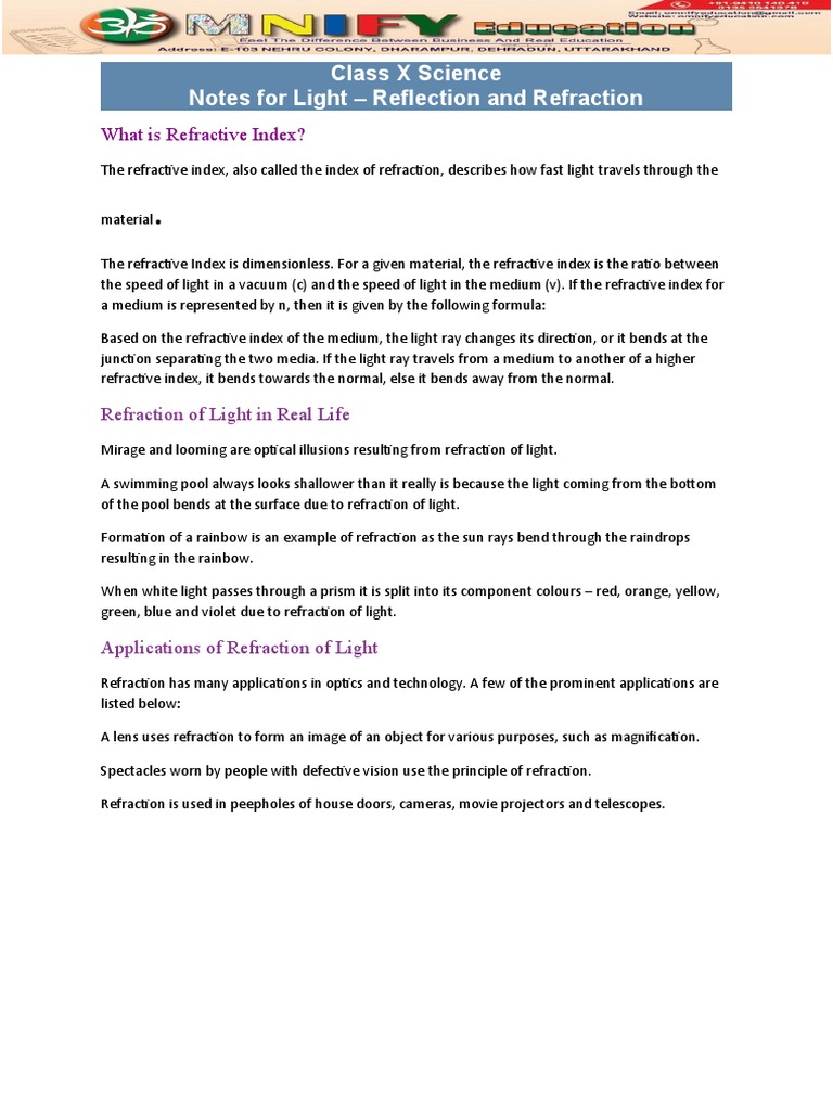 Applications of Refraction in Daily Life | PDF