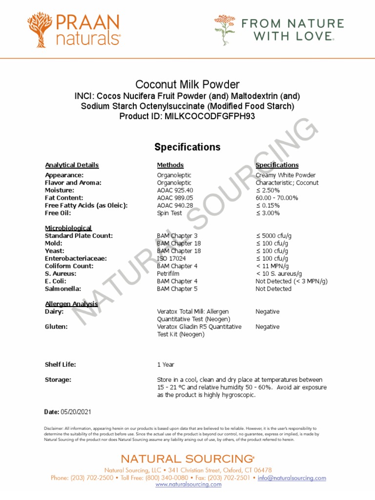 Coconut Milk Powder Specsheet | PDF | Coconut | Colony Forming Unit
