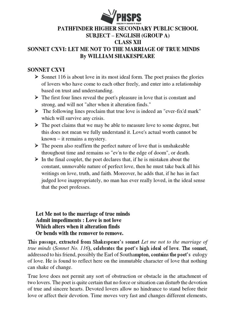 CLASS XII ENG A SONNET 116 (Notes) | PDF | Poetry | Literary Criticism