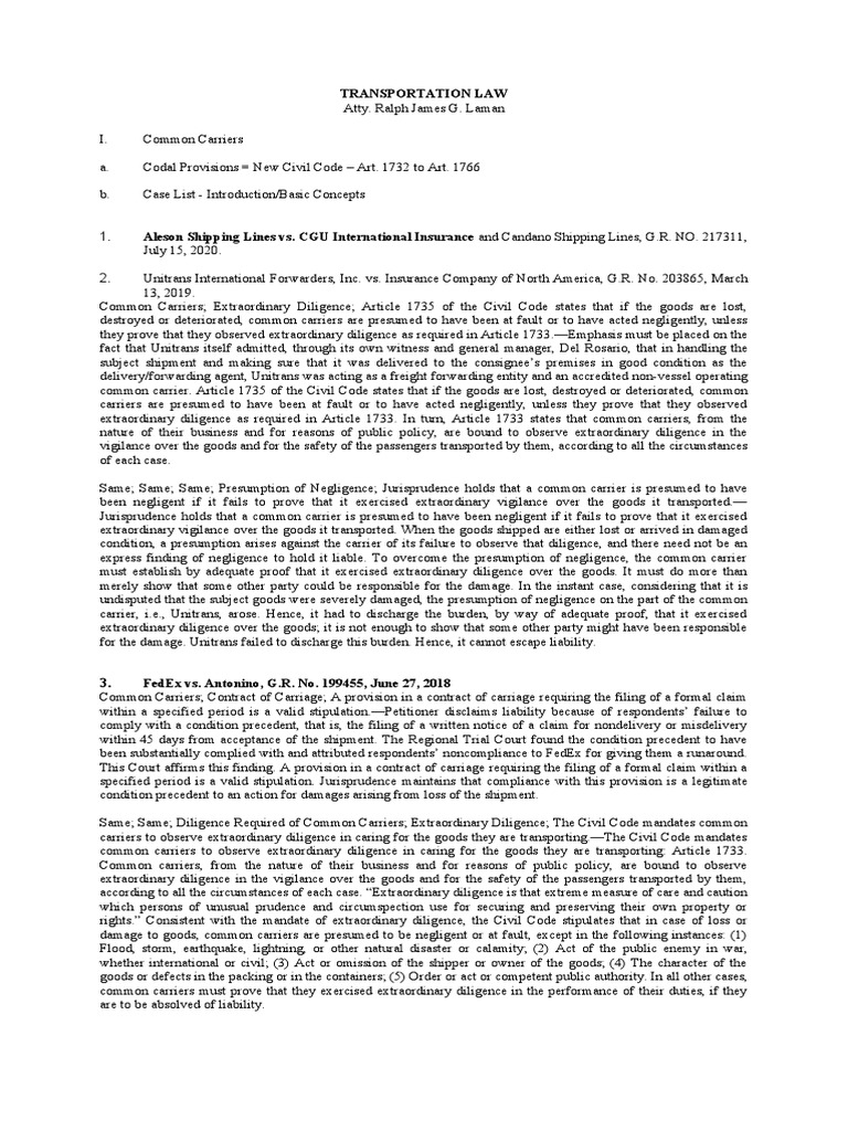 ESCRA PRINCIPLES FOR TRANSPORTATION LAW Prelim | PDF | Common Carrier ...