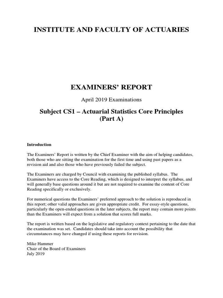 CS1 Paper-A April 2019 Examiners Report | PDF | Statistical ...