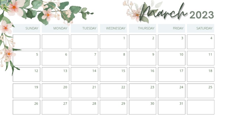 White Gray Minimalist Simple March 2023 Monthly Calendar | PDF