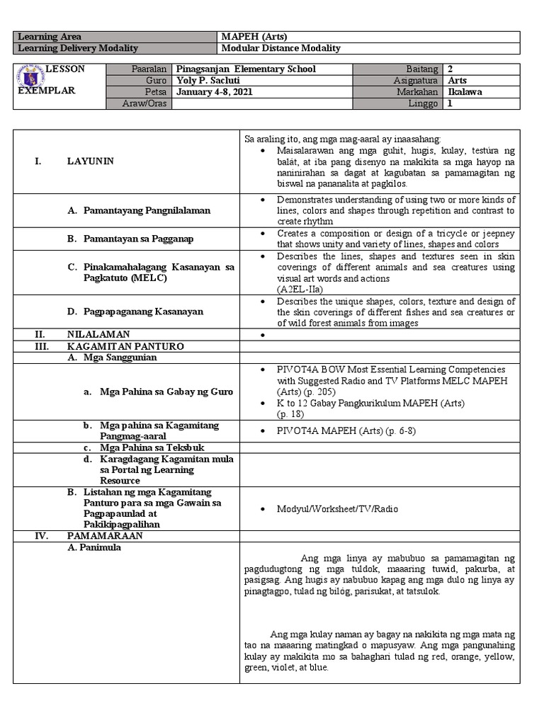Arts 2 Q2W1 Le | PDF