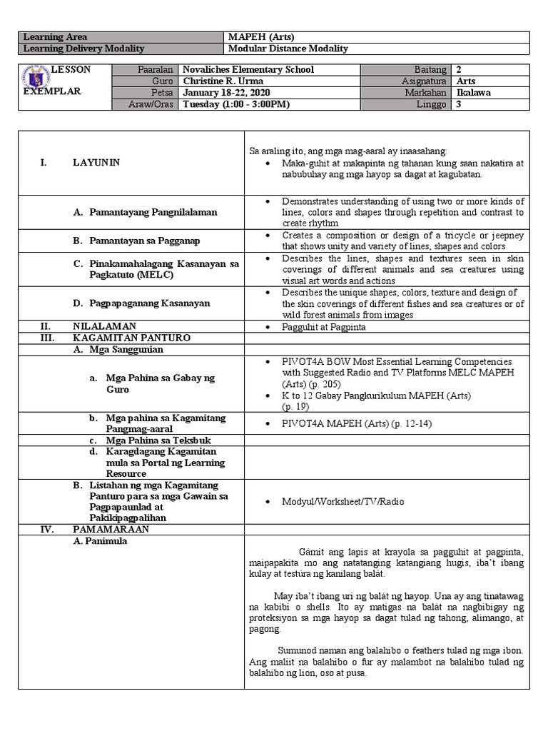 Grade2 Arts 2 Q2W3 Le | PDF