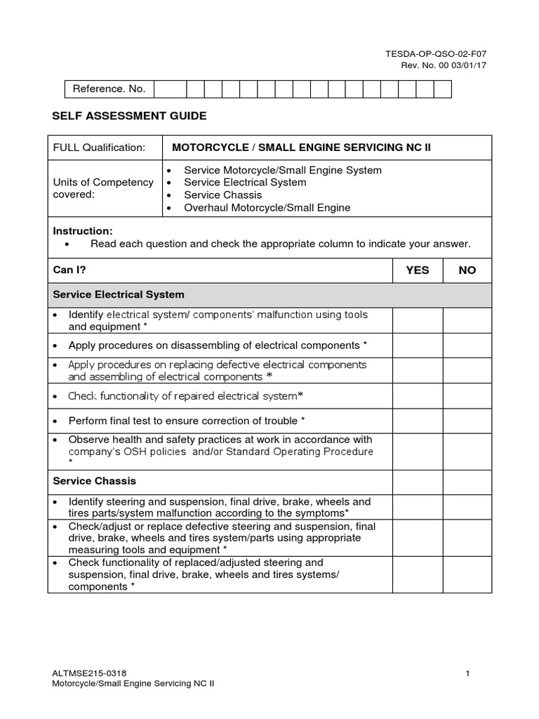 Self Assessment Guide: Motorcycle / Small Engine Servicing NC Ii ...