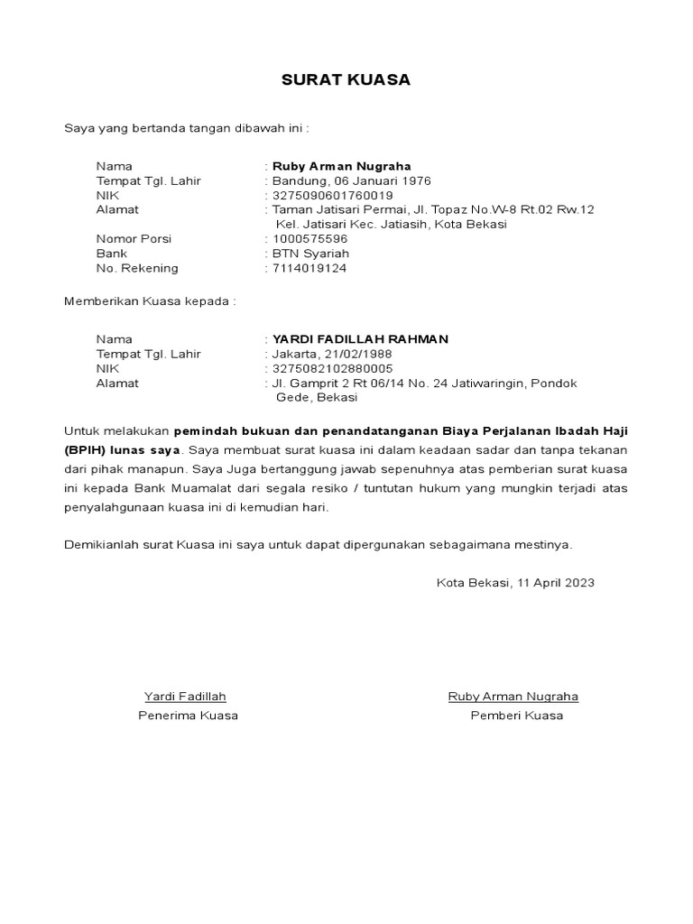 Surat Kuasa Bank BTNSyariah - Ruby Arman | PDF