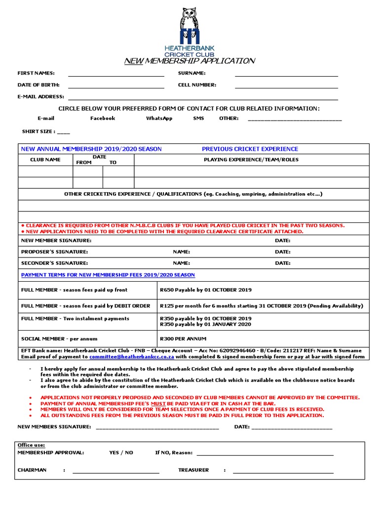 New Membership Form 2019 - 2020 | PDF | Payments | Cheque