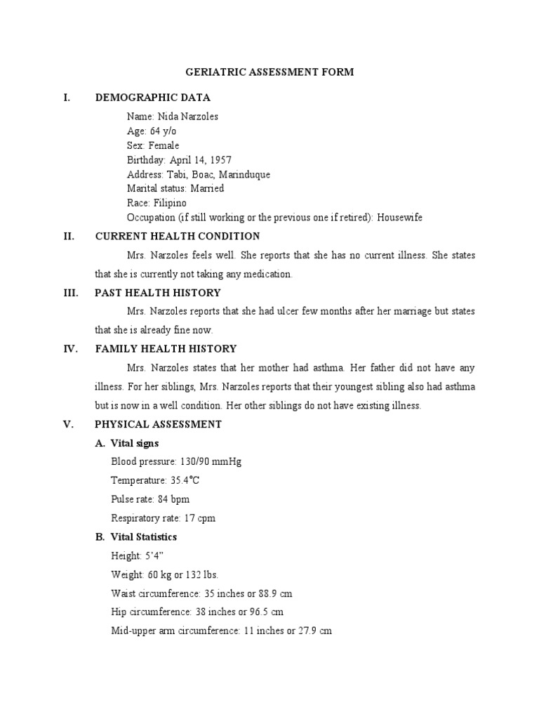 Geriatric Assessment of Nida Narzoles | PDF