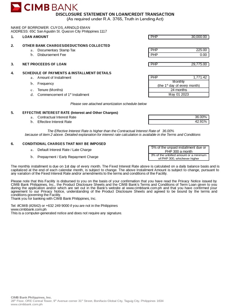 (As Required Under R.A. 3765, Truth in Lending Act) : Disclosure ...