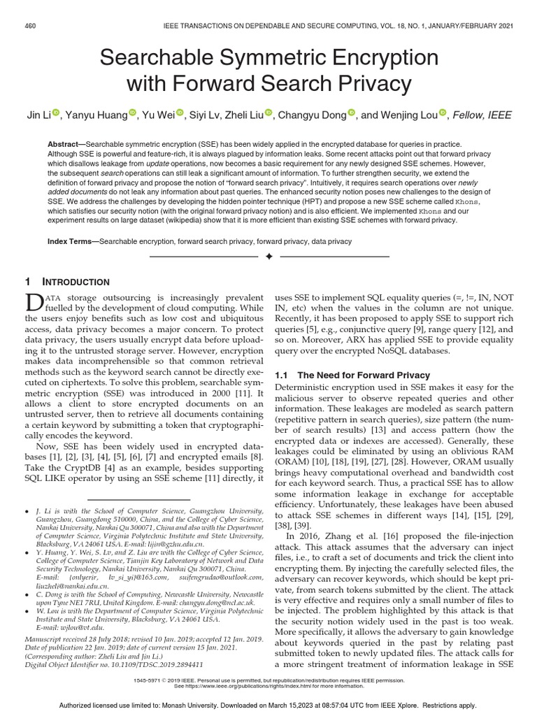 Paper 1 Searchable Symmetric Encryption With Forward Search Privacy | PDF | Search Engine ...
