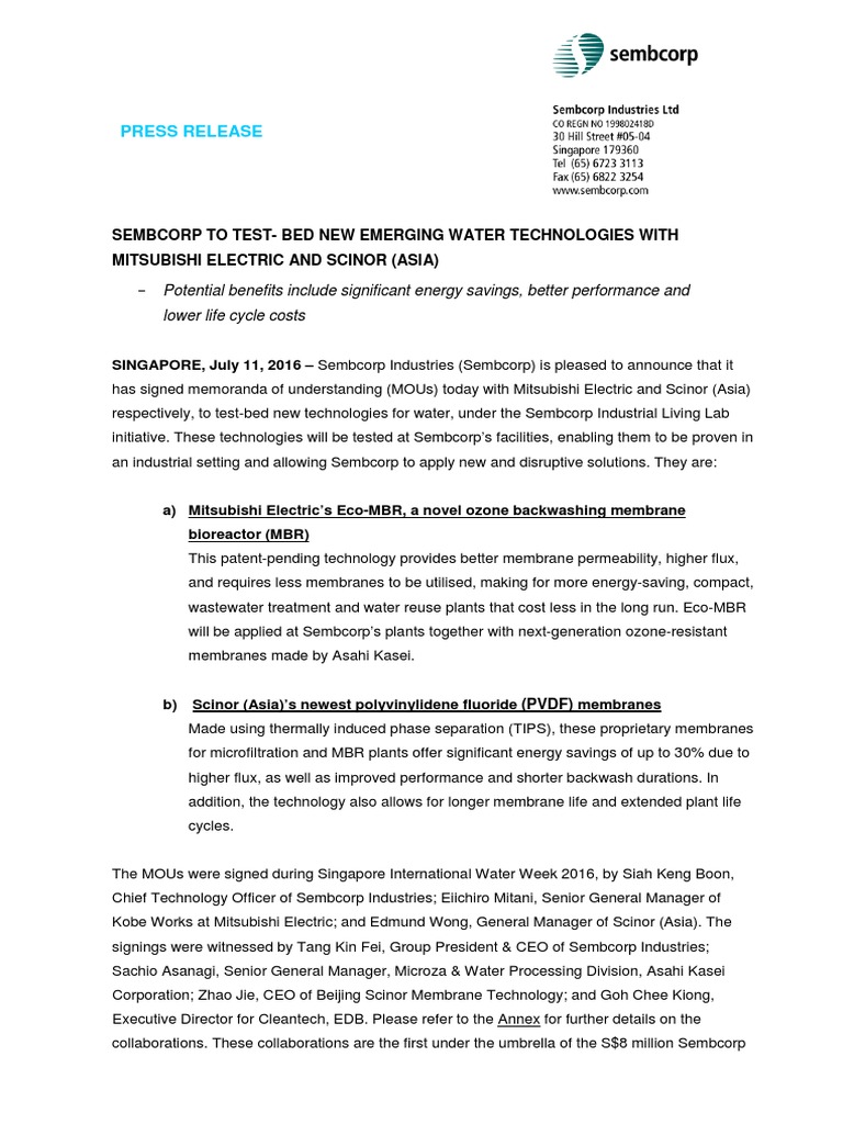Sembcorp To Test Bed New Emerging Water Technologies | PDF | Membrane ...