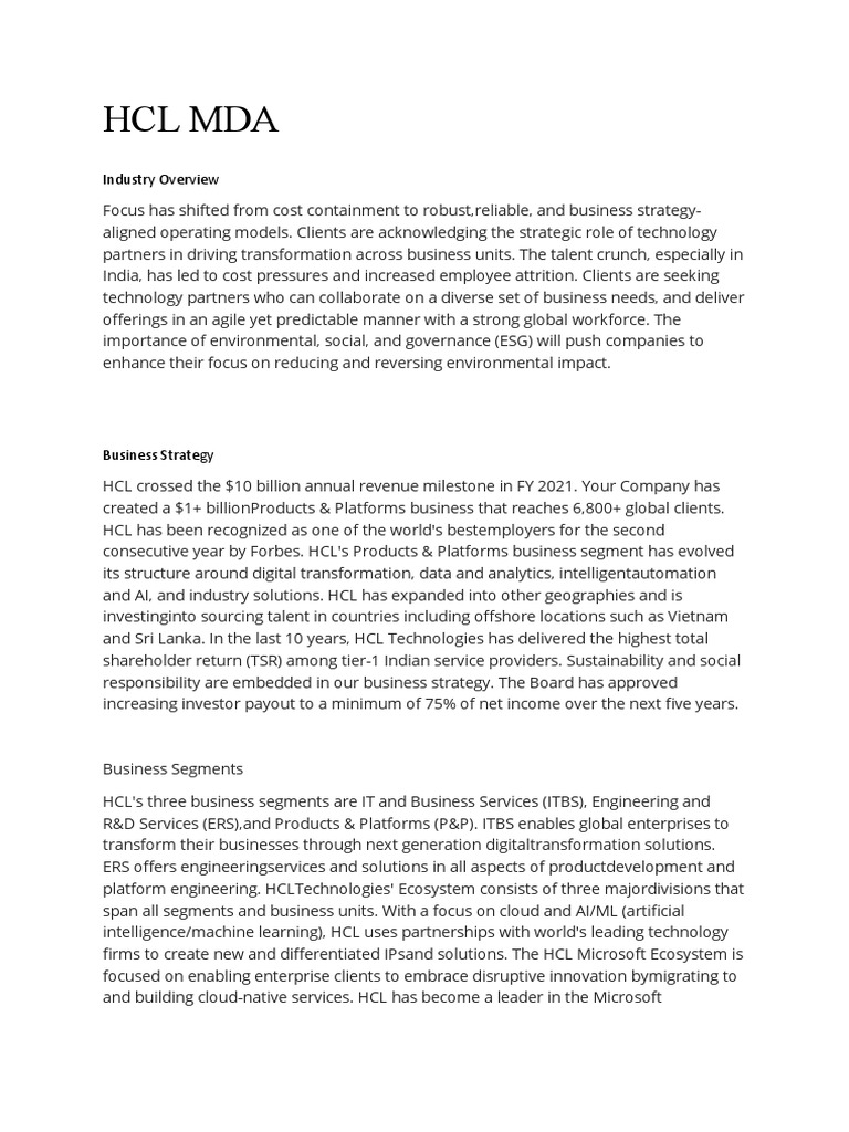 HCL MDA Report Analysis | PDF | Cloud Computing | Software As A Service