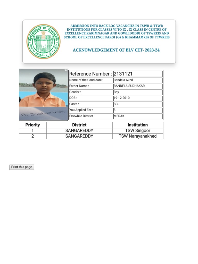 Reference Number: 2131121: Acknowledgement of BLV Cet-2023-24 | PDF