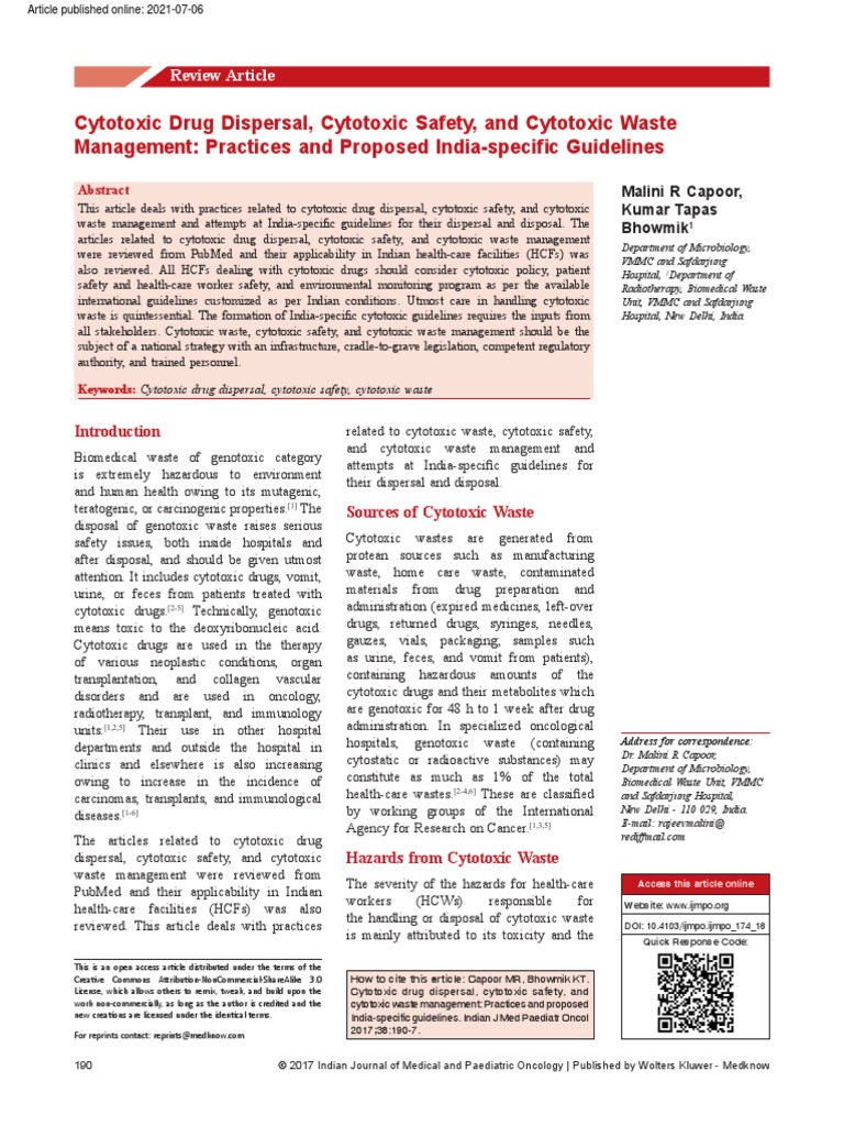 Cytotoxic Drug Dispersal, Cytotoxic Safety, and Cytotoxic Waste ...