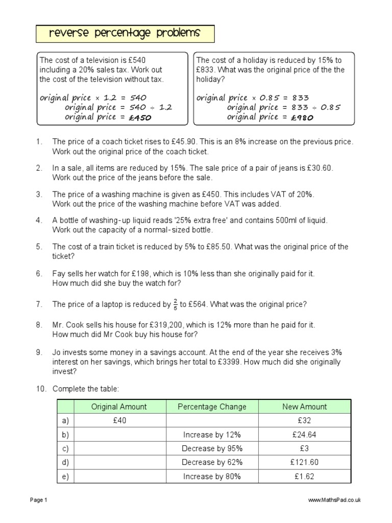 Reverse Percentages | PDF | Prices | Value Added Tax