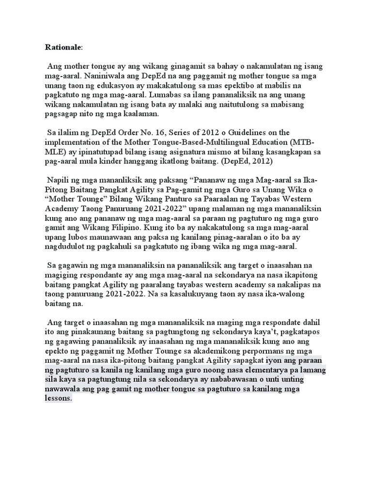 Fil109 Rationale | PDF