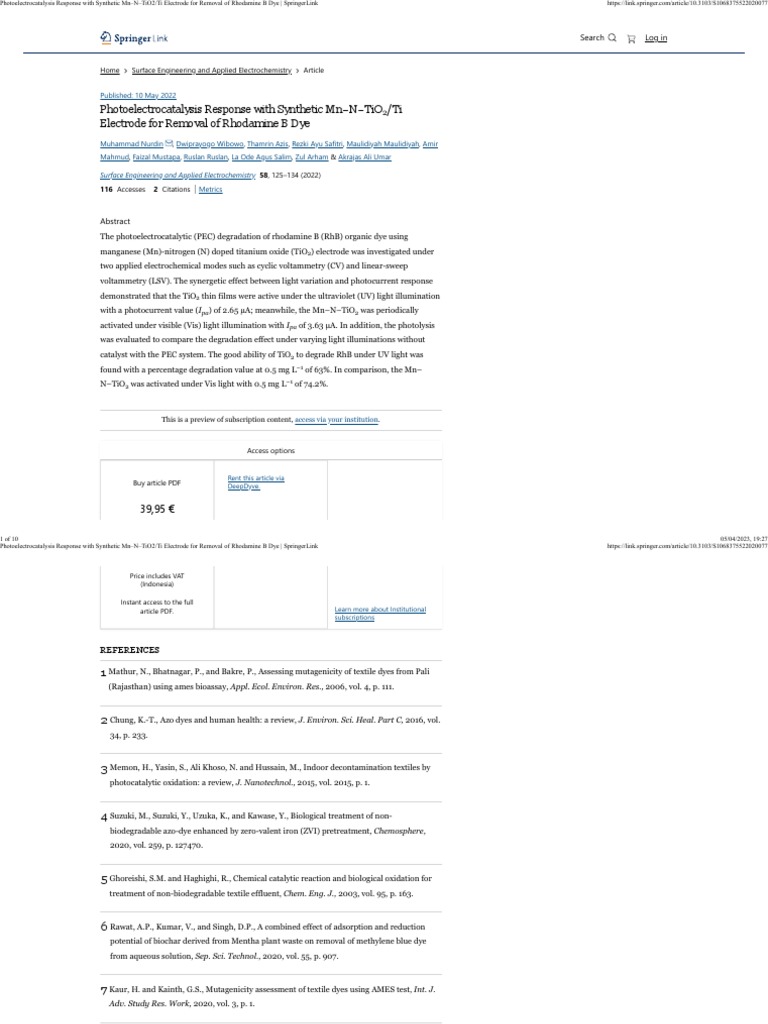 Photoelectrocatalysis Response With Synthetic Mn-N-TiO2-Ti Electrode ...