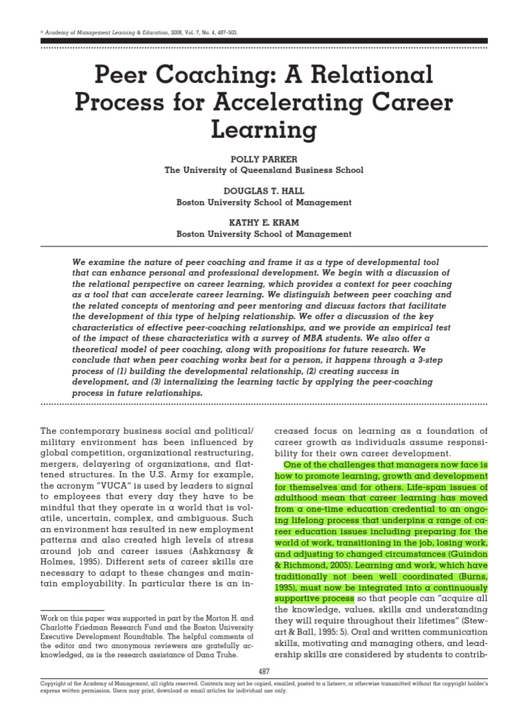 Peer Coaching - A Relational Process (Parker Et Al., 2008) | PDF ...